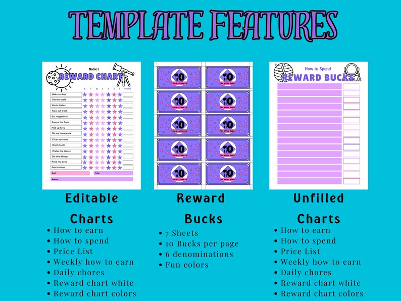 Kids Editable Space Reward Chart With Reward Bucks, Reward Bucks for ...