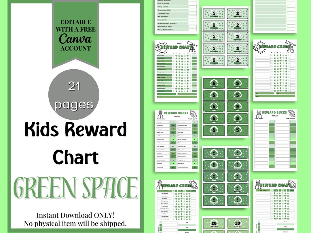 Kids Editable Green Space Reward Chart W/ Reward Bucks Reward - Etsy