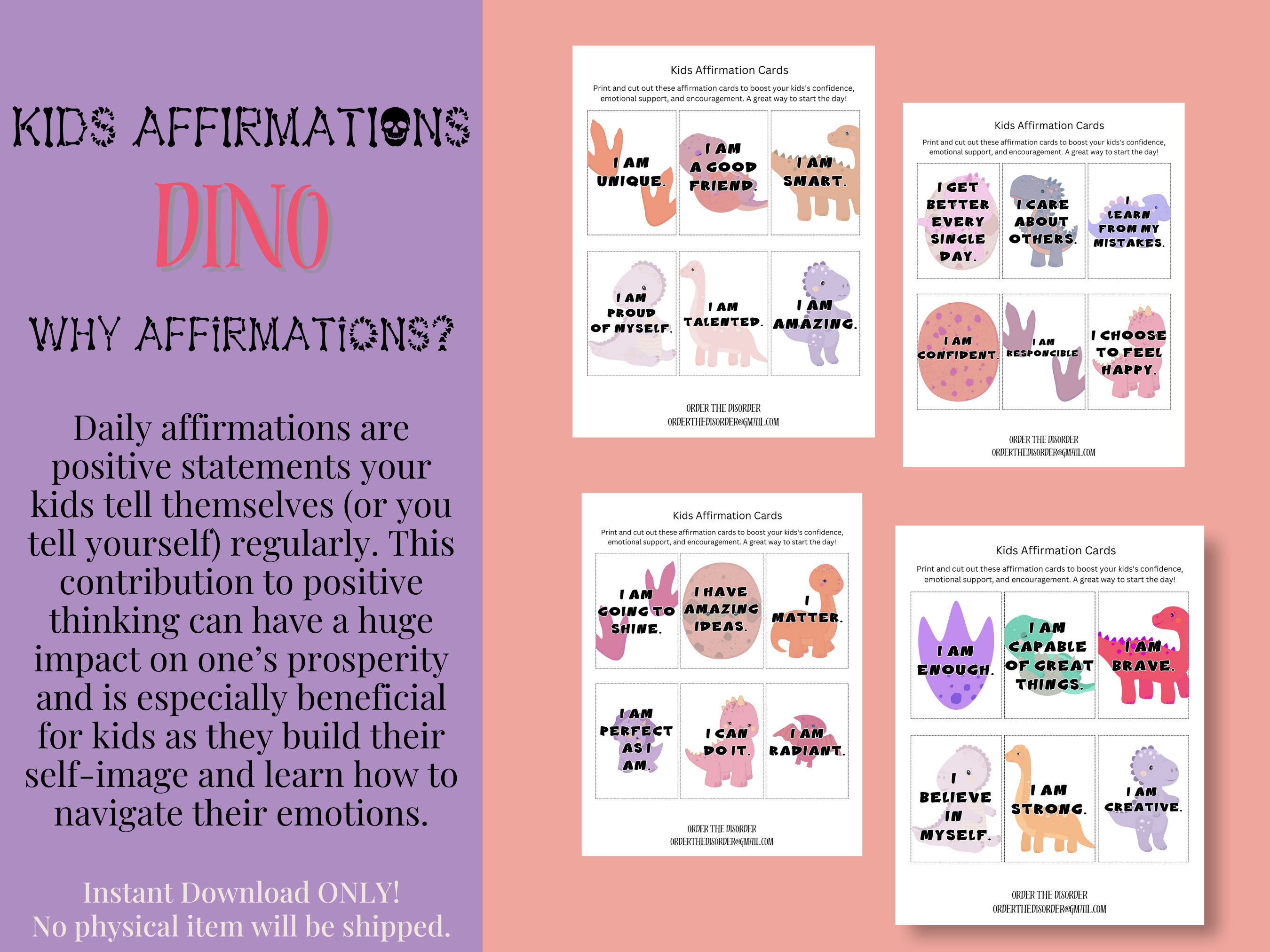 Kids Pink Dino Themed Affirmation Cards, Daily Affirmations, Emotional ...