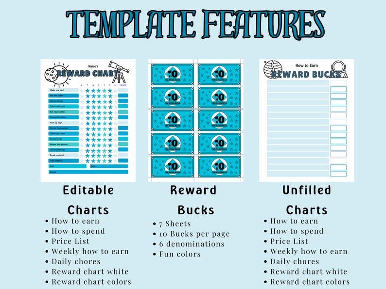 Kids Editable Space Reward Chart With Reward Bucks, Reward Bucks for ...