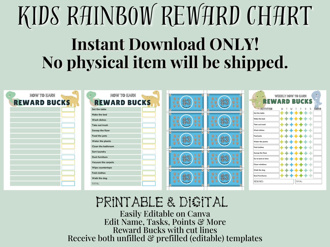 Kids Editable Dino Reward Chart With Reward Bucks, Reward Bucks for ...