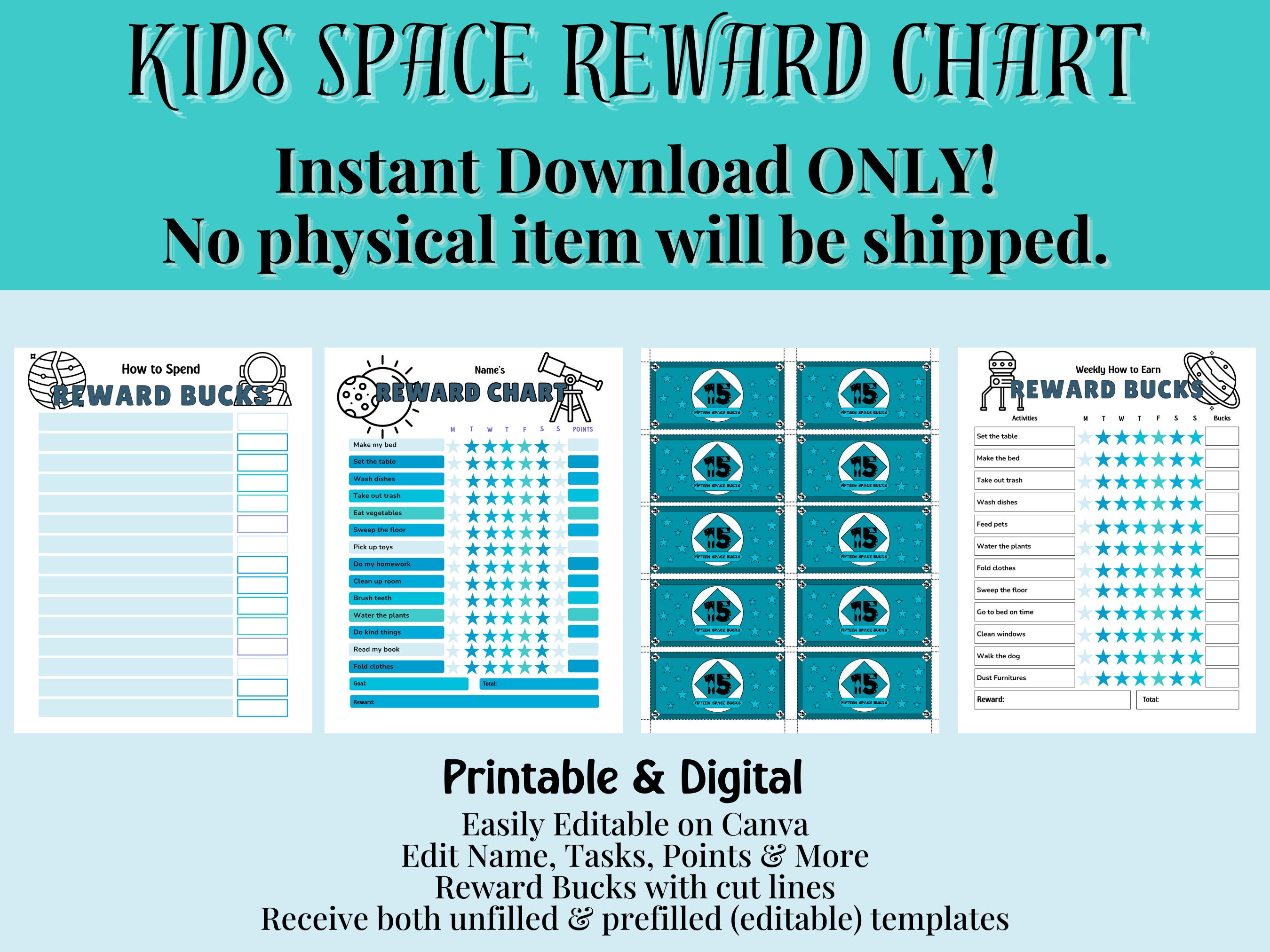 Kids Editable Space Reward Chart With Reward Bucks, Reward Bucks for ...