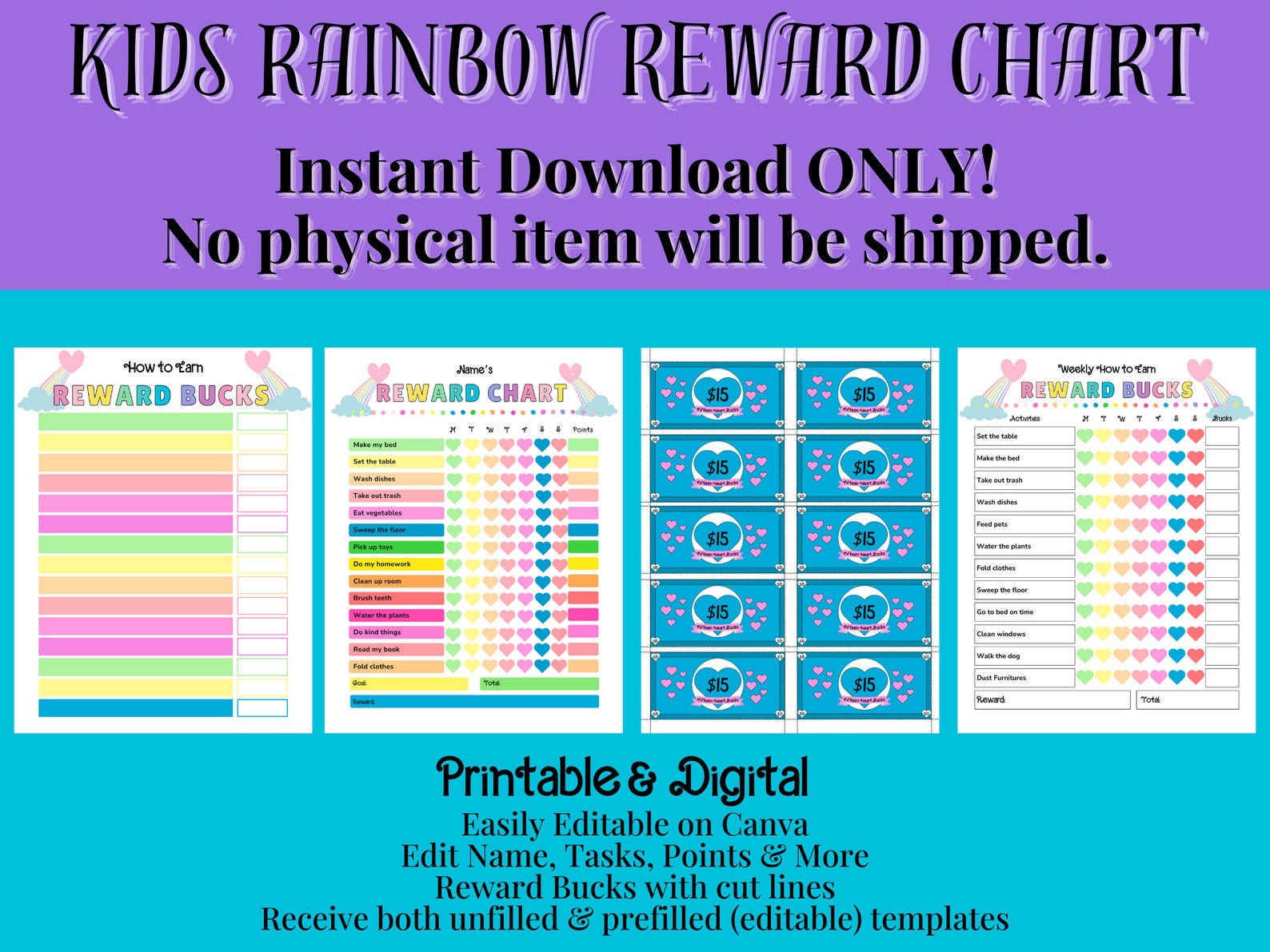Kids Editable Rainbow Reward Chart With Reward Bucks, Reward Bucks for ...