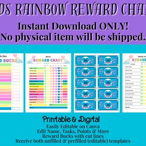 Kids Editable Rainbow Reward Chart With Reward Bucks, Reward Bucks for ...