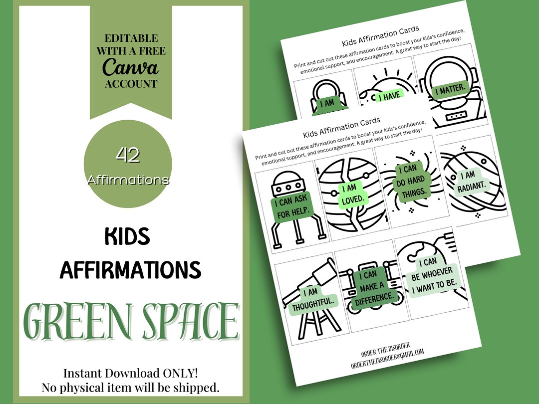 Green Space Kids Affirmation Cards, Kids Affirmations, Kids Affirmation ...