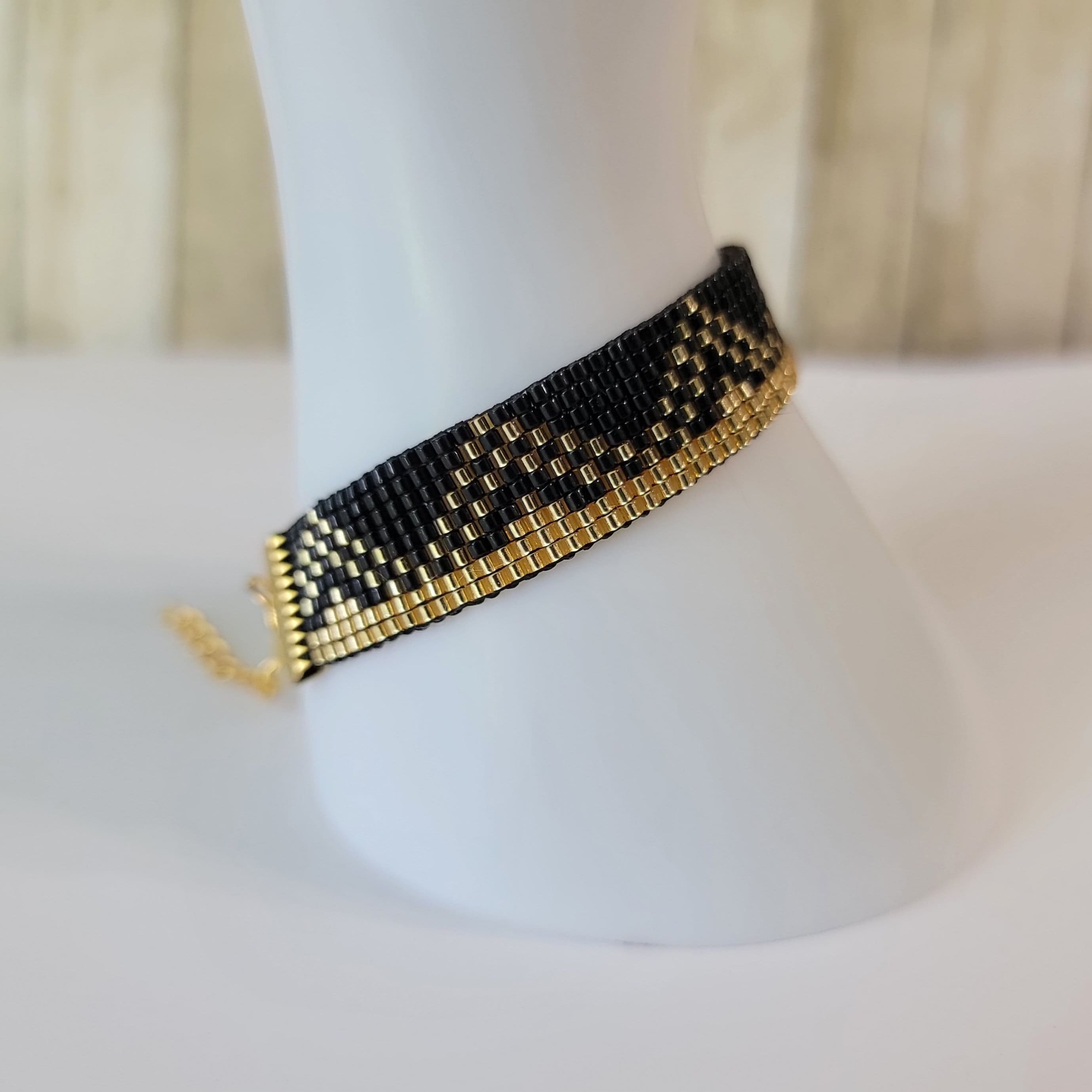 Art Deco Inspired Beaded Bracelet. Gold and Black Jewelry. Roaring 20s ...