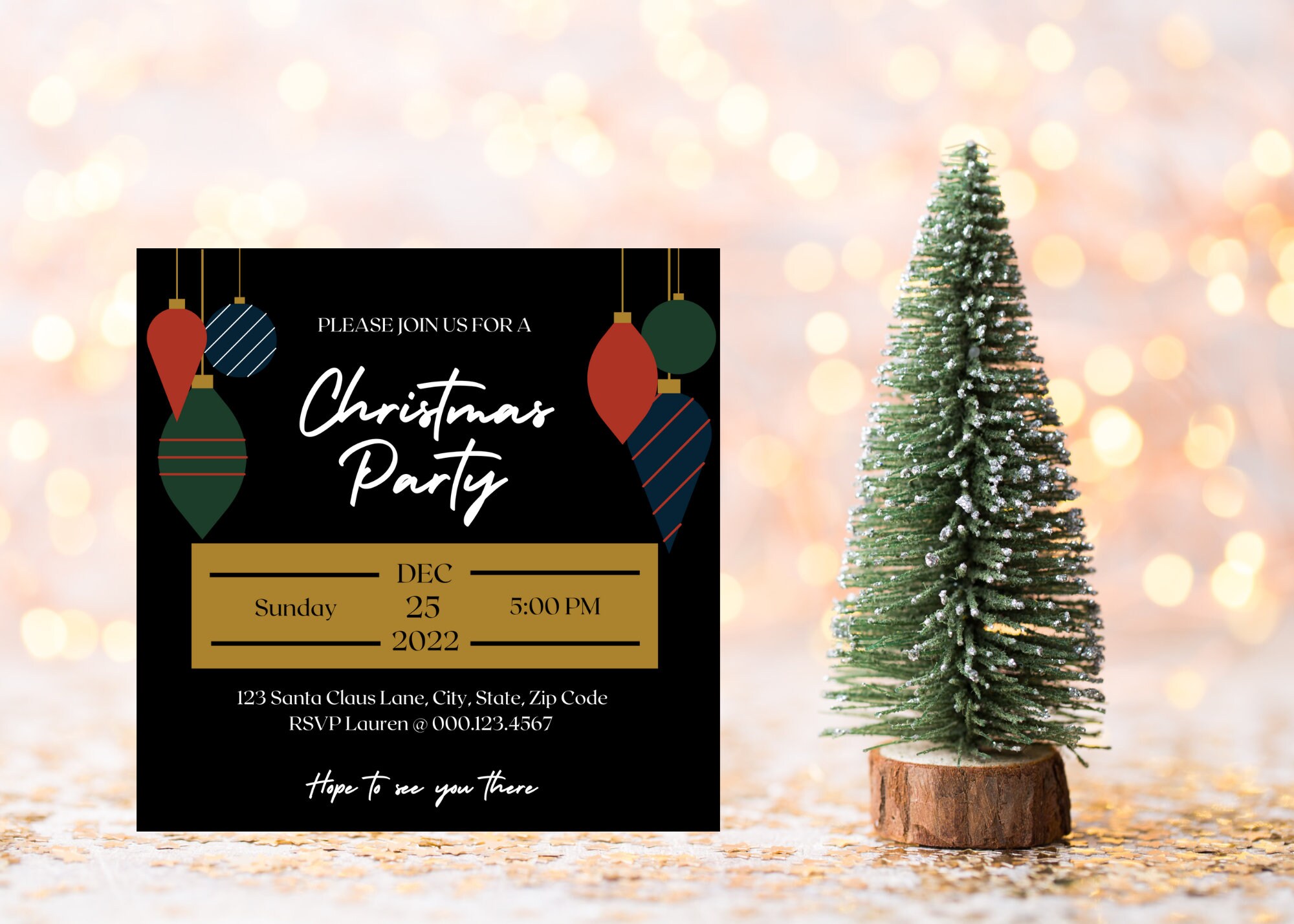 CHRISTMAS| Party Invitation| Editable| Square Black Invitation| Hanging ...