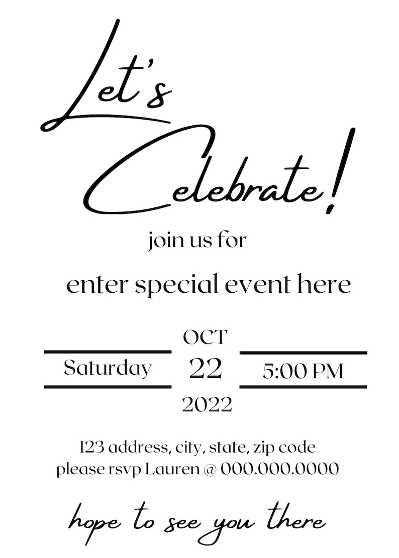 EDITABLE Let's Celebrate Party Invitation Black and White Modern Portrait Template Easy to Edit ...