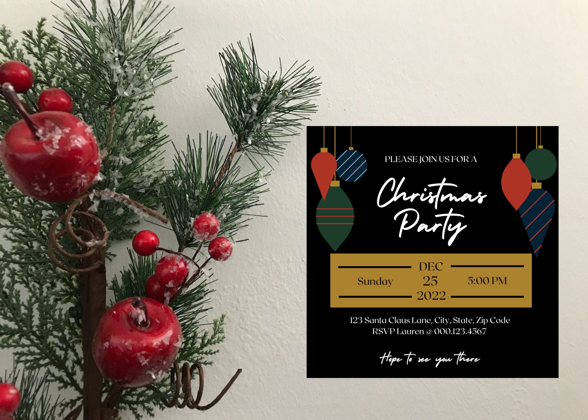 CHRISTMAS| Party Invitation| Editable| Square Black Invitation| Hanging ...