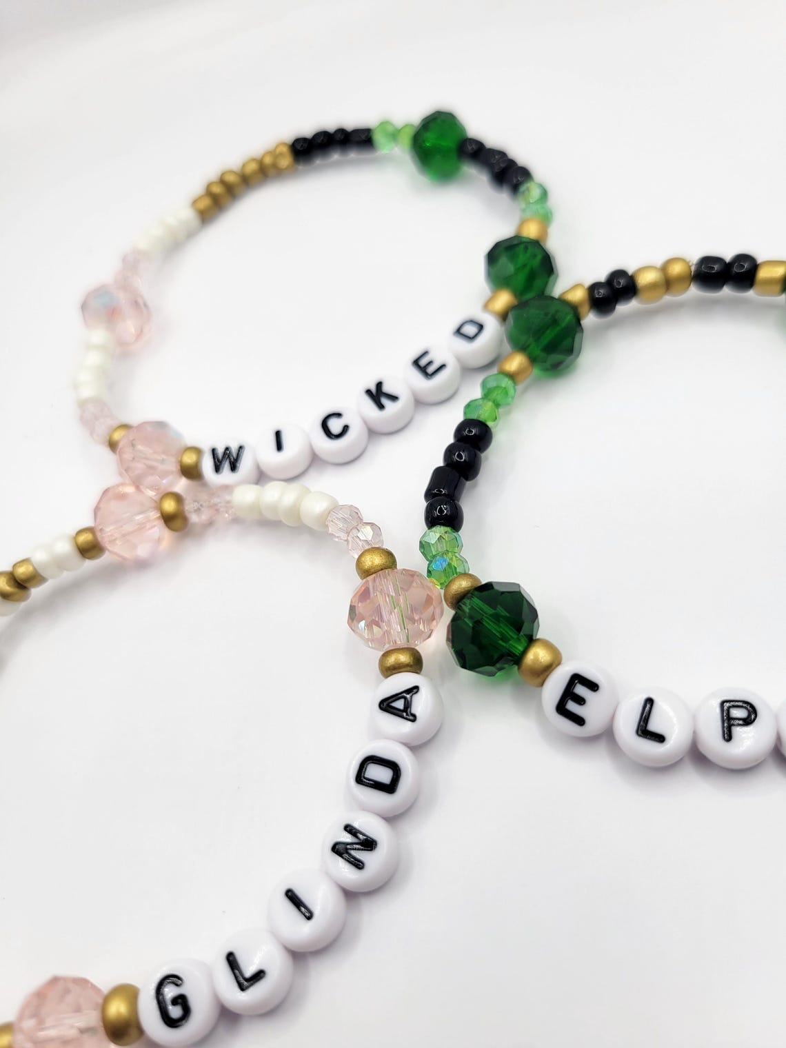 Wicked Elphaba Glinda Bracelet Trio Set Green Pink Glass Beads Movie ...