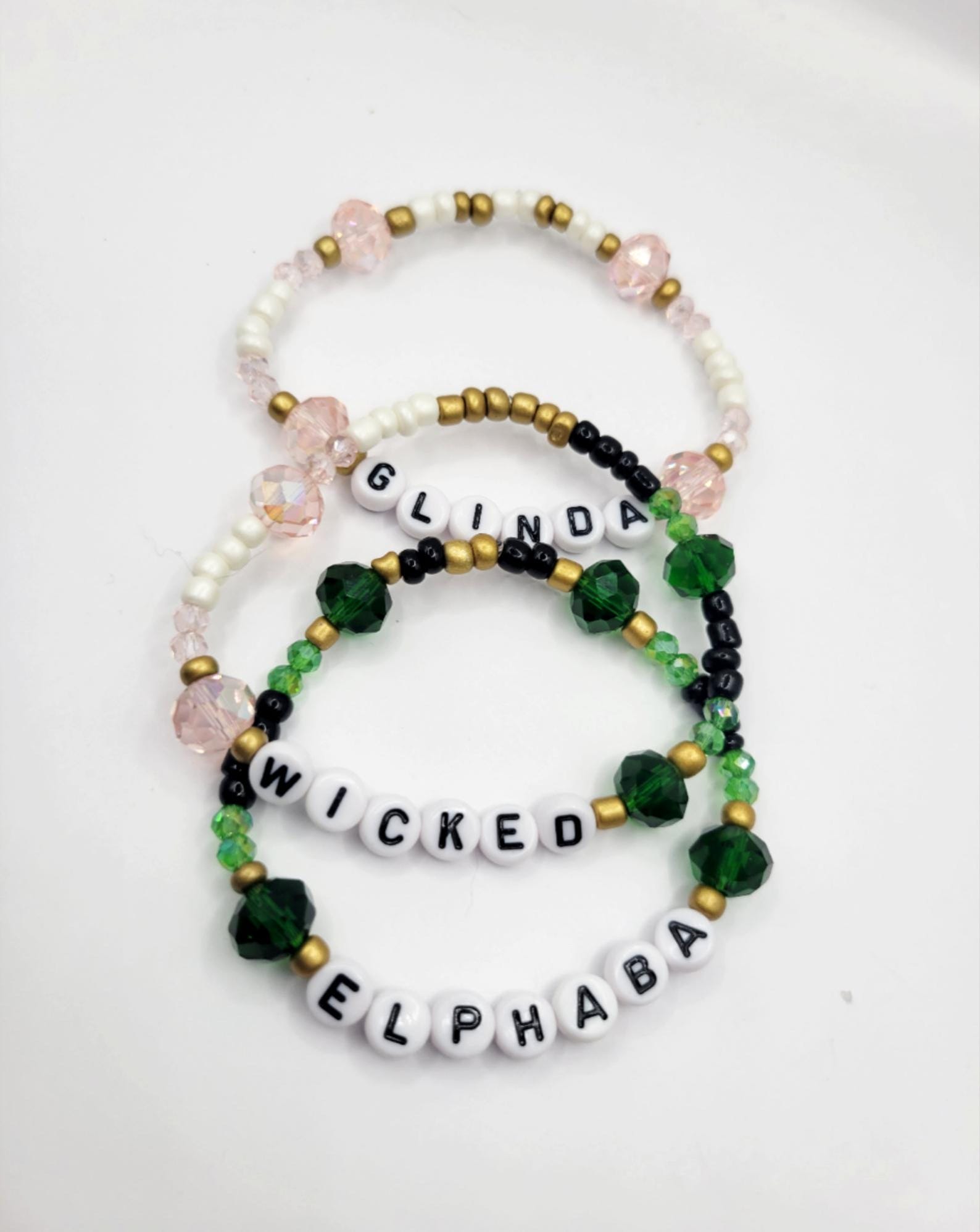 Wicked Elphaba Glinda Bracelet Trio Set Green Pink Glass Beads Movie ...