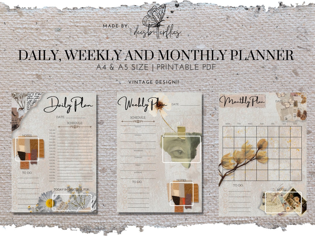 Vintage Daily Planner, Weekly Planner, Monthly Planner, Printable ...