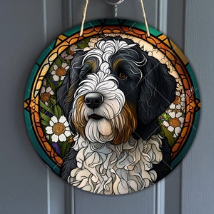 Faux Stained Glass Bernedoodle Sign, Round Bernese Poodle Sign for ...