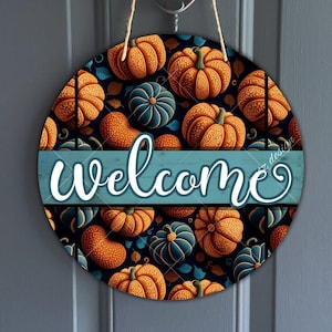 Rustic Autumn Farmhouse Pumpkin Door Hanger Design in Orange and Blue ...