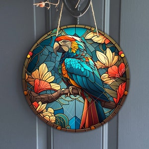 Faux Stained Glass Macaw Sign, Round Vintage Blue and Gold Macaw Sign ...