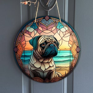 Faux Stained Glass Pug Sign, Round Ocean Pug Sign for Sign for Wreaths ...