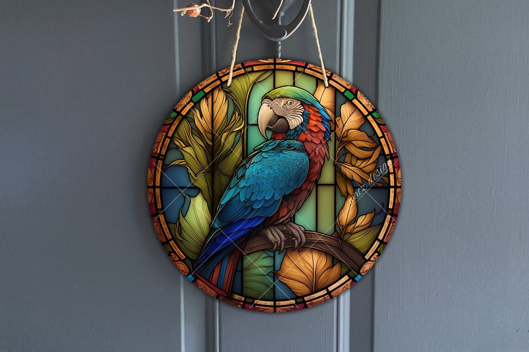 Faux Stained Glass Macaw Sign, Round Vintage Blue and Red Macaw Sign ...