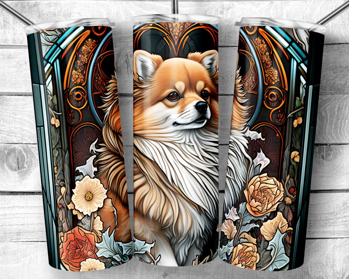Pomeranian Stained Glass 20oz Skinny Tumbler Design, Pom Ornate Stain ...