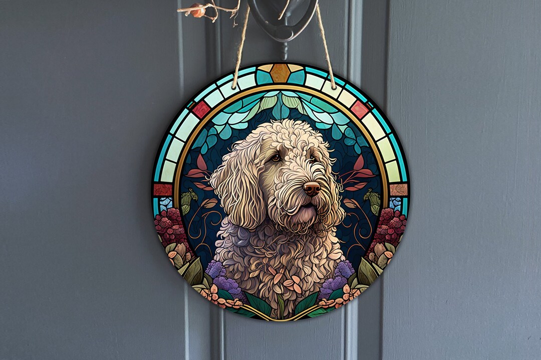 Golden Doodle Faux Stained Glass Sign, Round Vintage Groodle Sign for ...