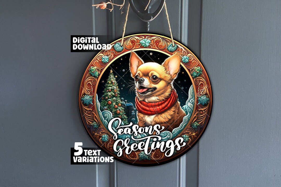 Christmas Faux Stained Glass Chihuahua Sign, Round Chiwawa Sign for ...
