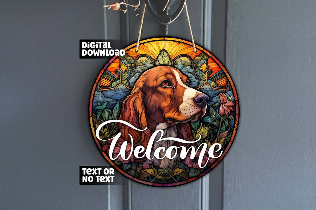 Faux Stained Glass Basset Hound and Flora Sign, Round Vintage Basset ...