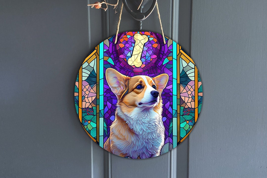 Faux Stained Glass Corgi Sign, Round Vintage Corgi Sign for Wreaths ...