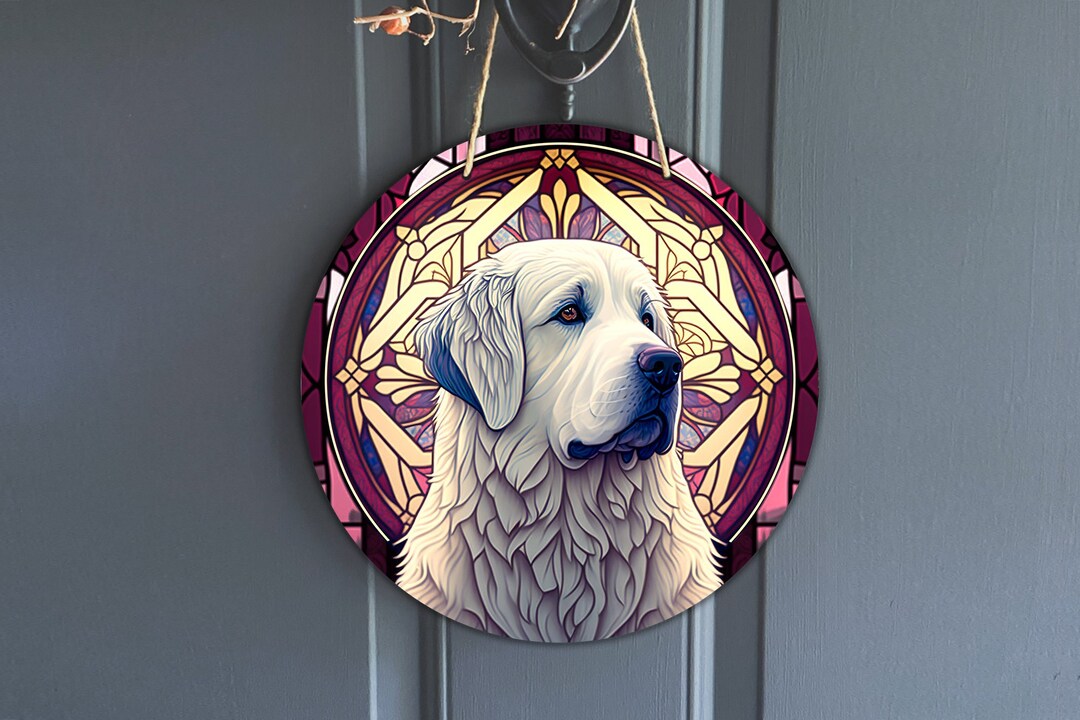Faux Stained Glass Great Pyrenees Sign, Round Vintage Pyrenees Sign for ...