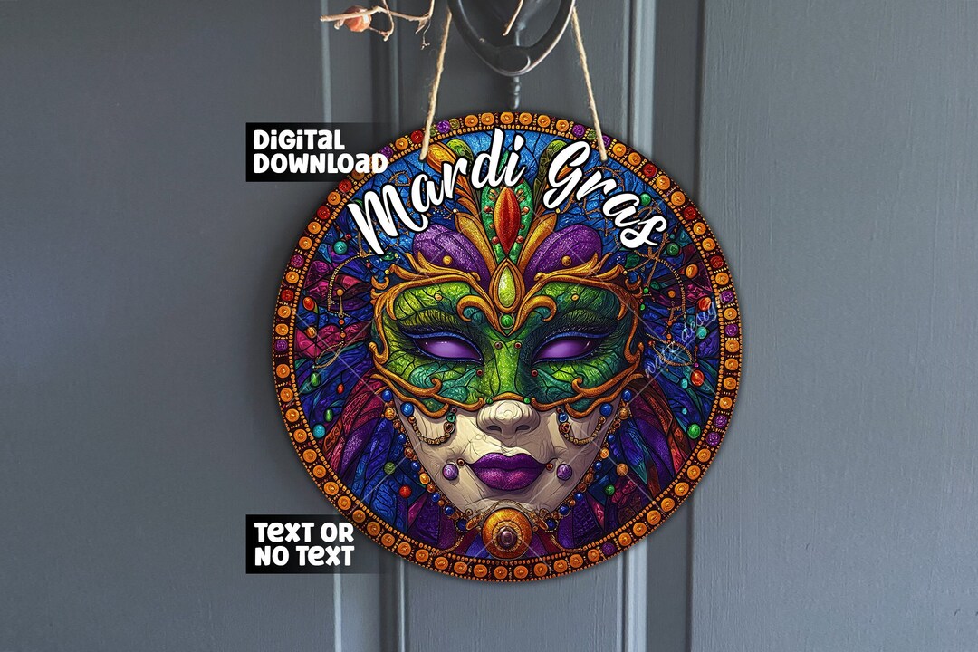 Green Mardi Gras Mask Faux Stained Glass Sign, Ornate Carnival Wreath ...