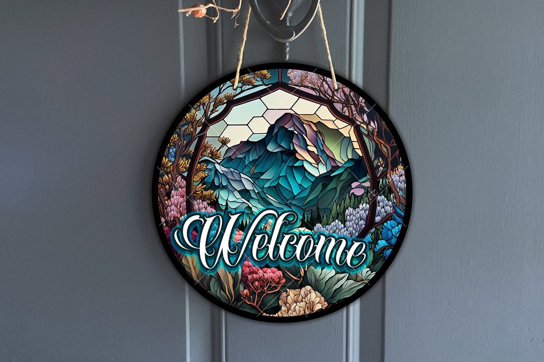 Faux Stained Glass Floral Mountain Scene Door Hanger - Blue Mountains ...