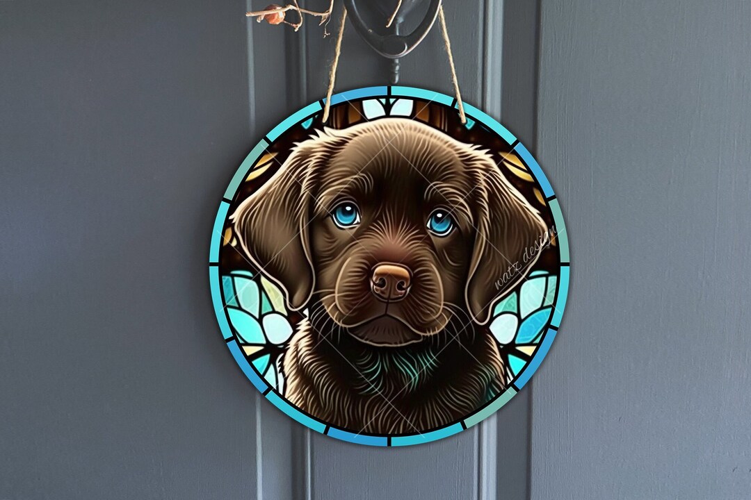 Faux Stained Glass Chibi Chocolate Lab Sign, Round Cartoon Brown Lab ...