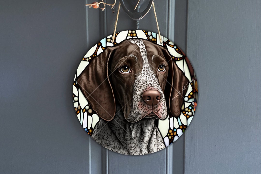 Cartoon German Shorthaired Pointer Faux Stained Glass Sign, Round GSP ...