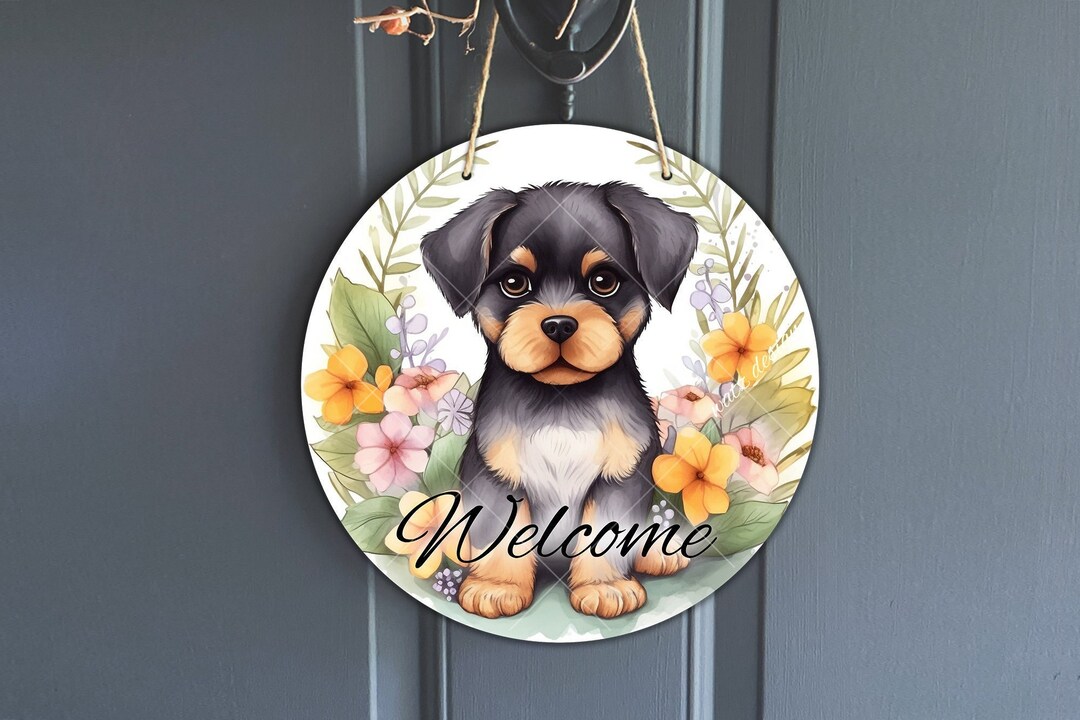 Cute Cartoon Rottweiler With Floral Sign - Cute Chibi Rott Puppy With ...