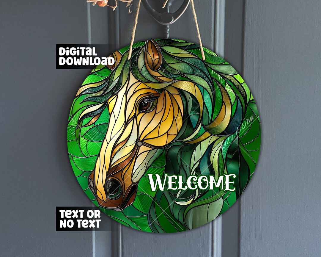 Faux Stained Glass Green Horse Sign, Round Lucky Horse Sign for Wreaths ...