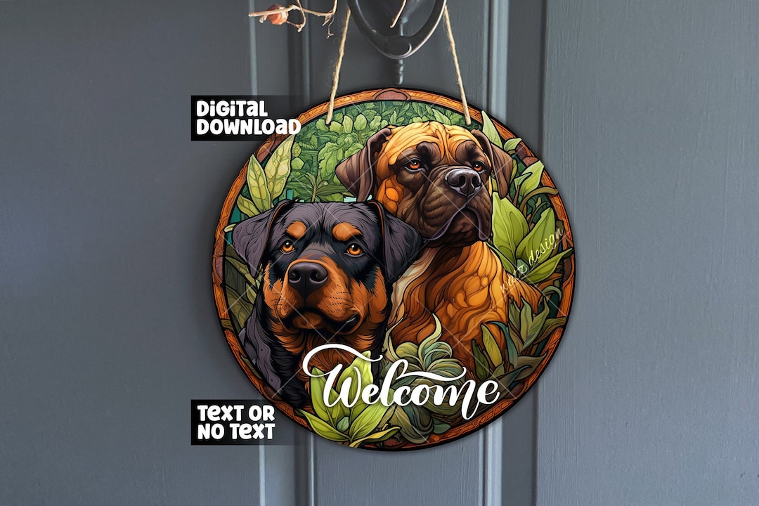 Faux Stained Glass Bull Mastiff and Rottweiler Sign, Round Big Dog Sign ...