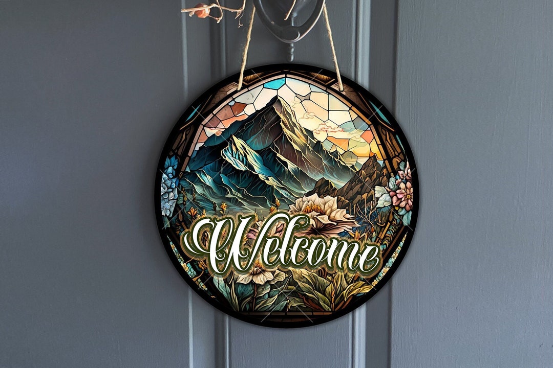Faux Stained Glass Floral Mountain Scene Door Hanger - Rustic Mountains ...