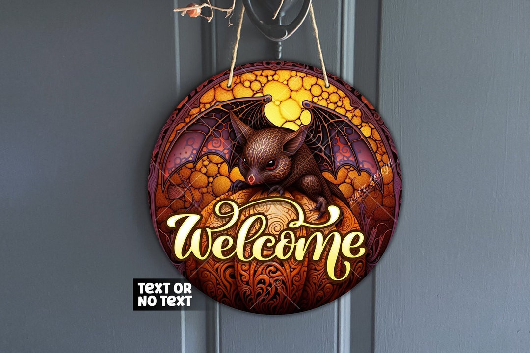Welcome Cute Bat With Pumpkin Halloween Door Hanger, Brown Chibi ...