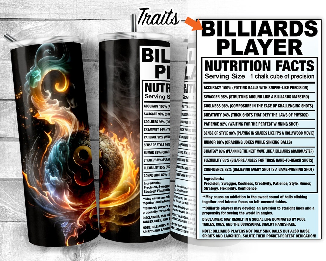 Flaming Eight Ball Balls 20oz Skinny Tumbler Design, Pool Lover Facts ...