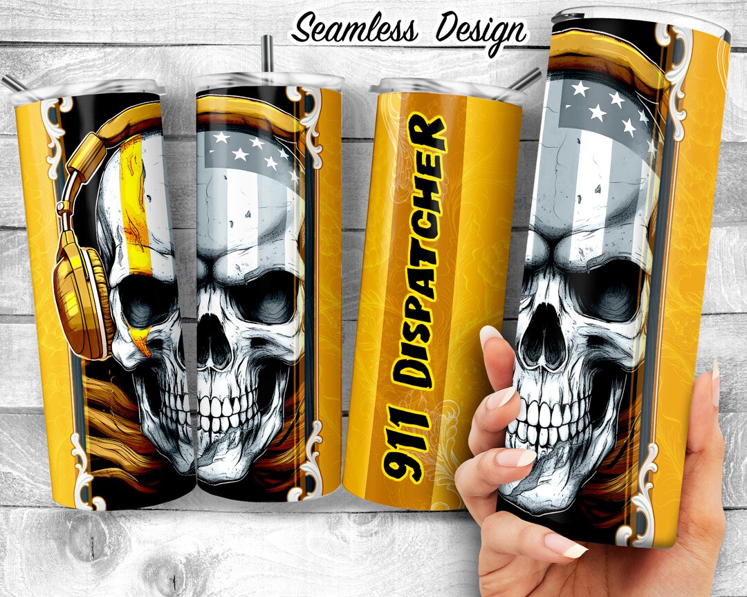 Dispatcher Flag Patriotic Skull With Headphones 20oz Skinny Tumbler ...