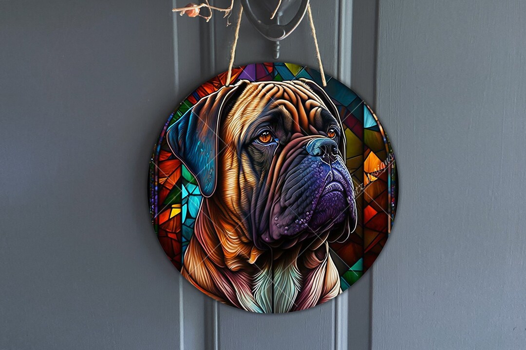 Faux Stained Glass Bull Mastiff Sign, Round Vintage Gentle Giant Sign ...