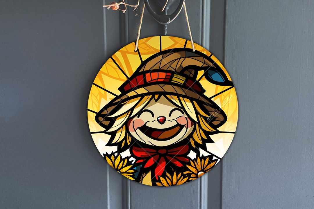 Cute Scarecrow Faux Stained Glass Door Hanger Design, Fall Cartoon ...