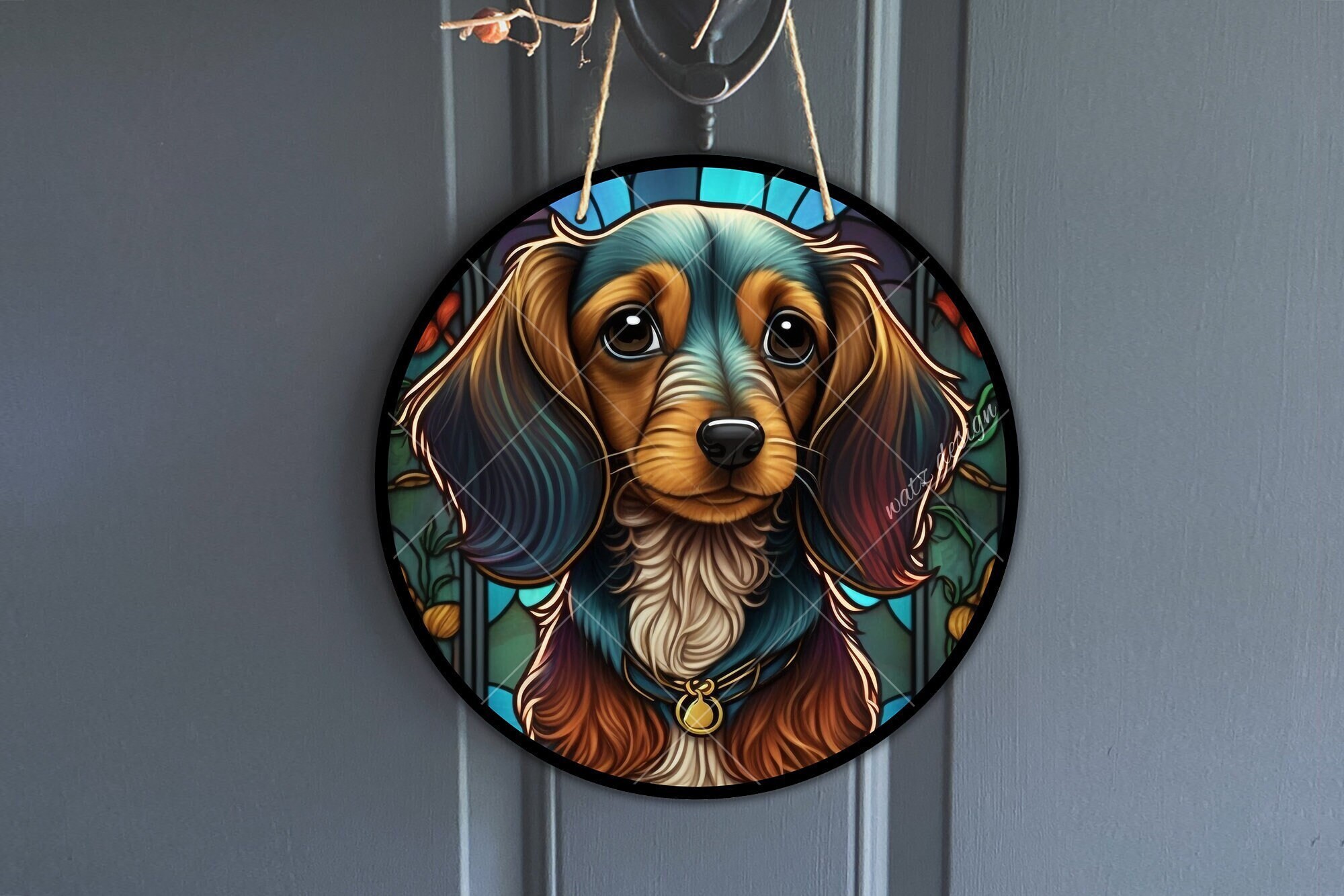 Faux Stained Glass Cartoon Dachshund Sign, Round Doxie Sign for Wreaths ...