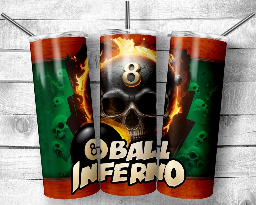 Flaming Skull Eight Ball Billiards 20 Oz Skinny Tumbler Sublimation ...