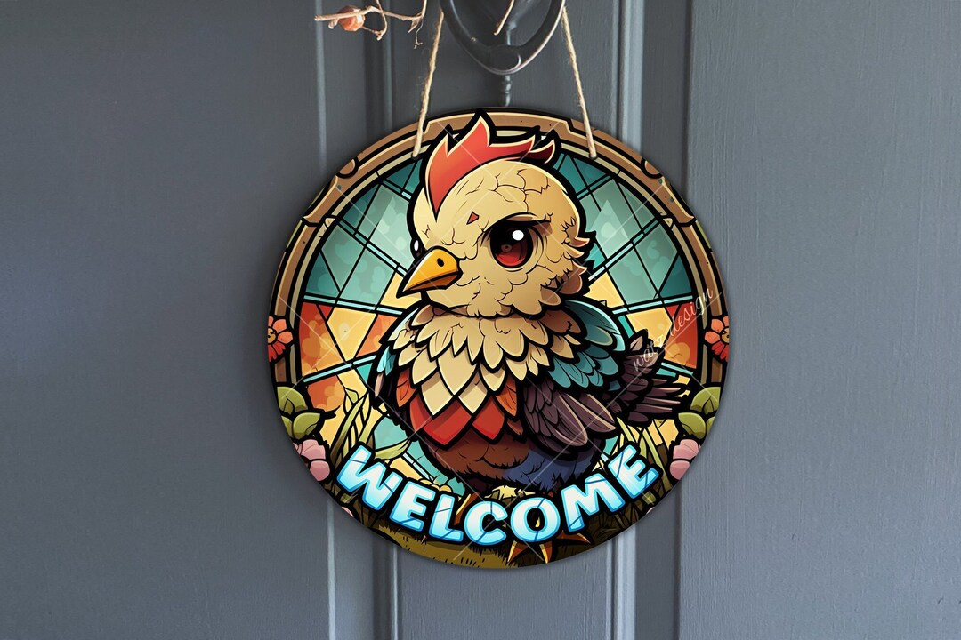 Faux Stained Glass Cute Chicken Door Hanger Design, Cartoon Farm Hen ...