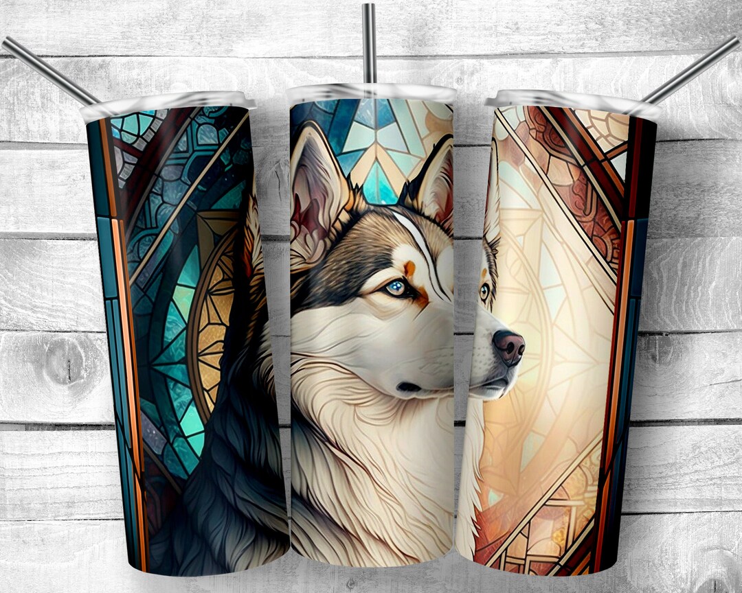 Husky Stained Glass 20oz Skinny Tumbler Design, Eskimo Dog Ornate Stain ...