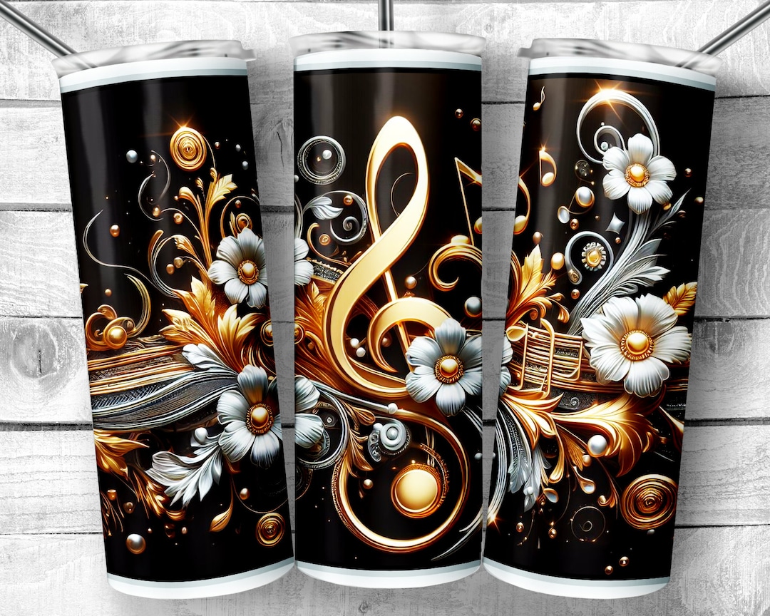 Metallic Gold Music Notes and White Daises With Ribbon 20oz Skinny ...