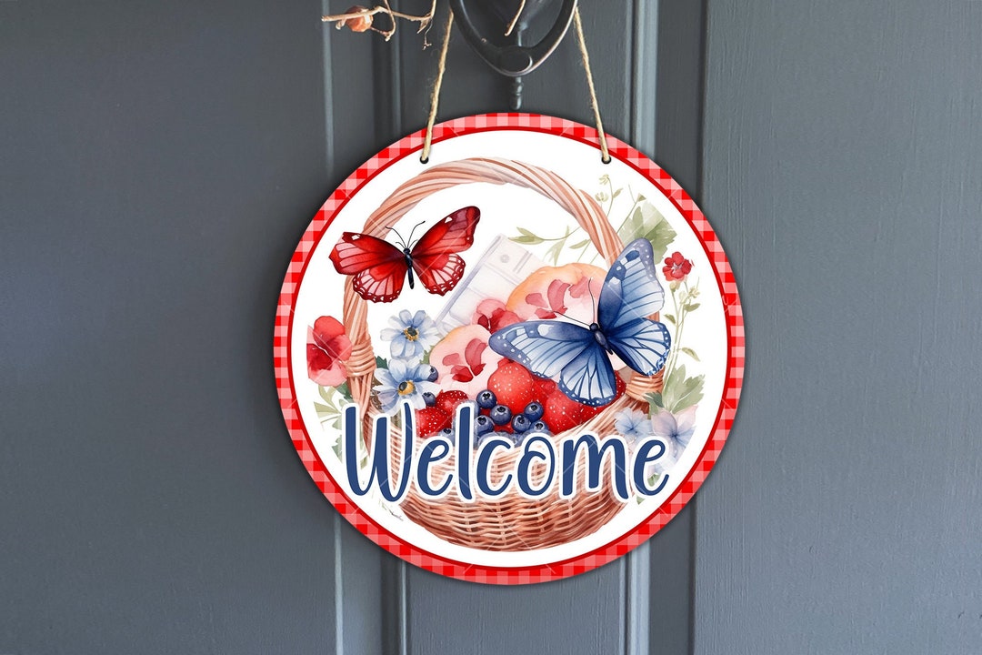 Summer Patriotic Picnic Basket Sign With Butterflies and Floral Hanger ...