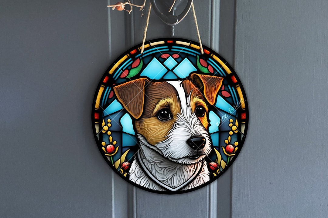 Faux Stained Glass Cartoon Jack Russell Sign, Round Chibi JTR Sign for ...