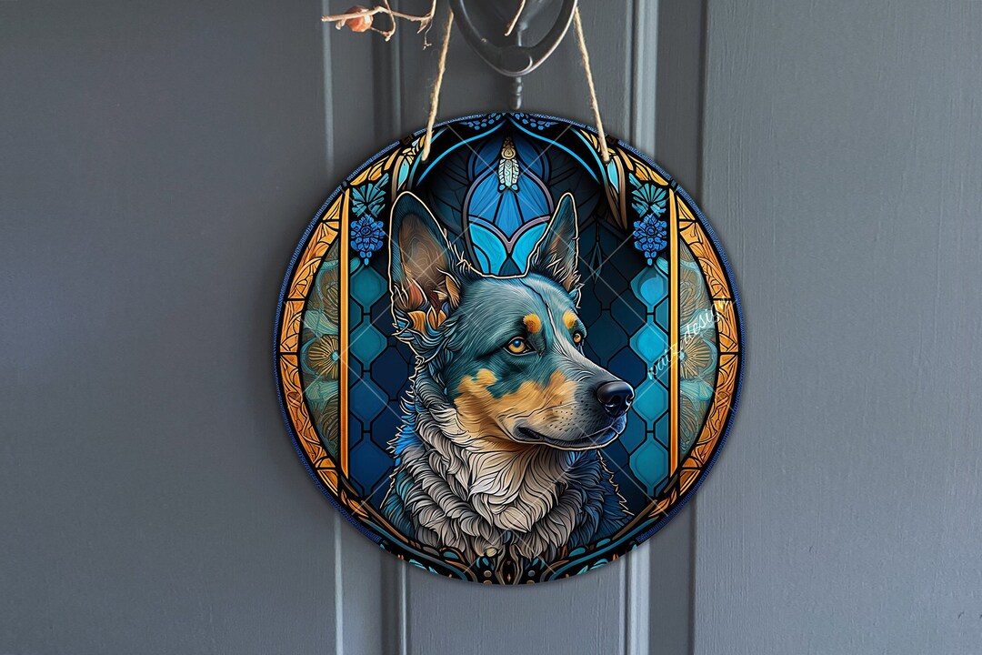 Faux Stained Blue Heeler Sign, Round Vintage Queensland Heeler Sign for ...