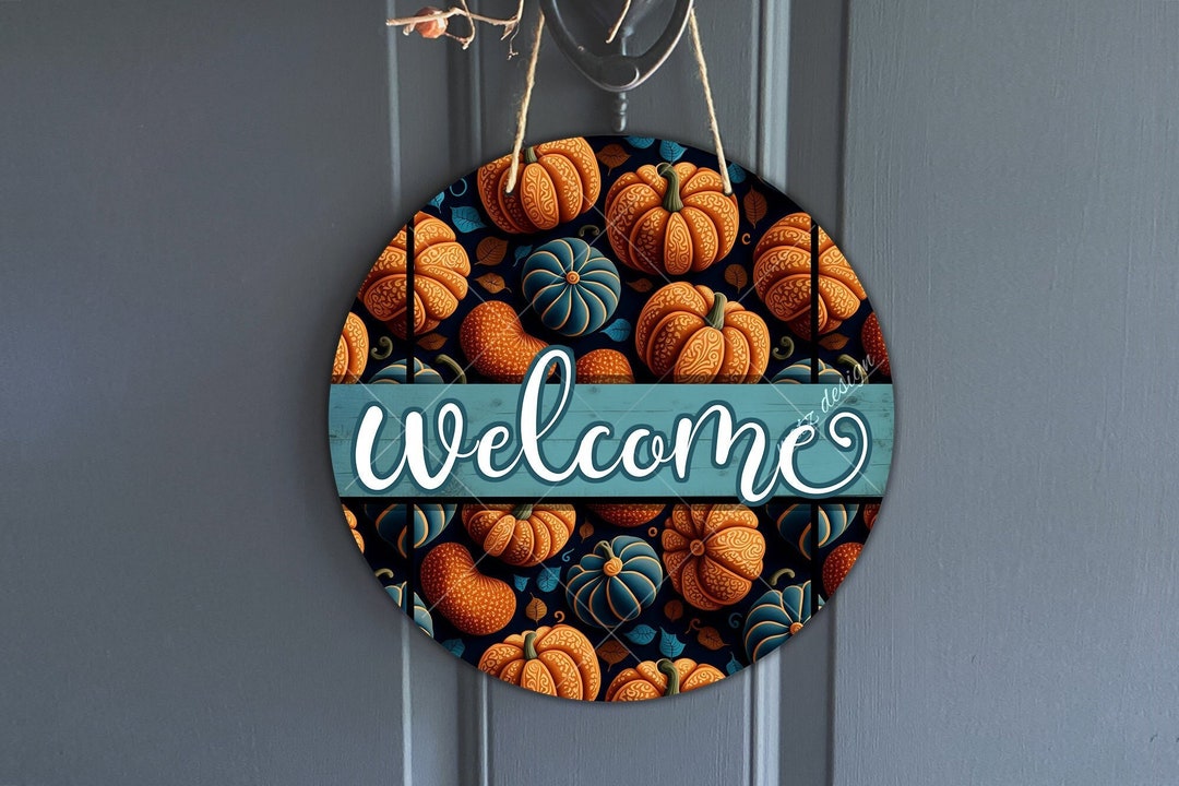 Rustic Autumn Farmhouse Pumpkin Door Hanger Design in Orange and Blue ...