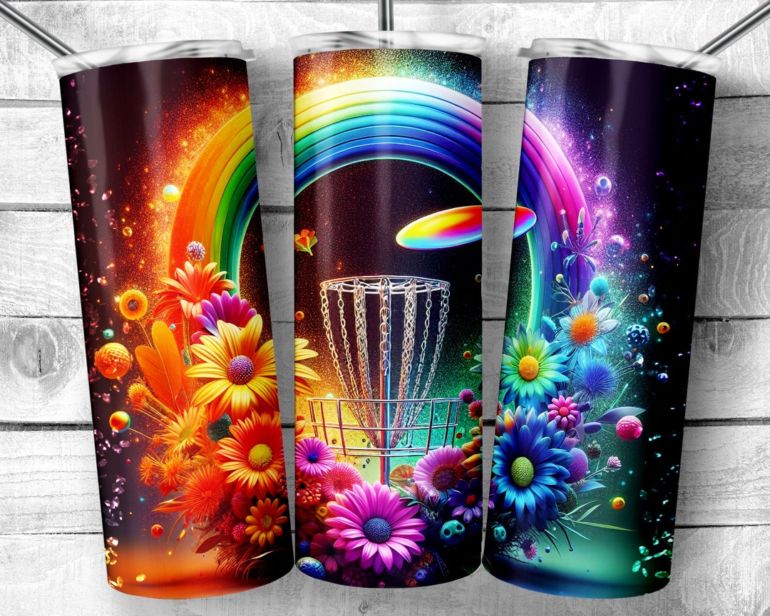 Colorful Floral Disc Golf Disc and Basket 20 Oz Skinny Tumbler ...